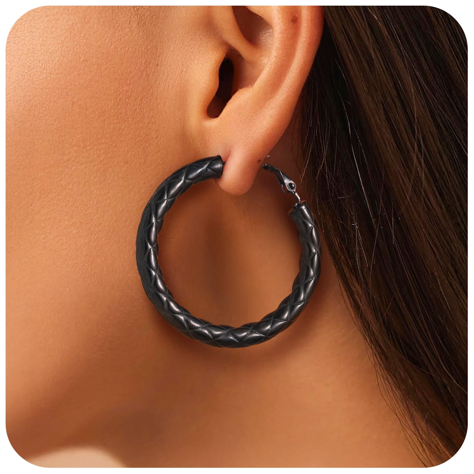 FindChic Hoop Earrings for Women Stainless Steel Rhombic Pattern Hoops ...