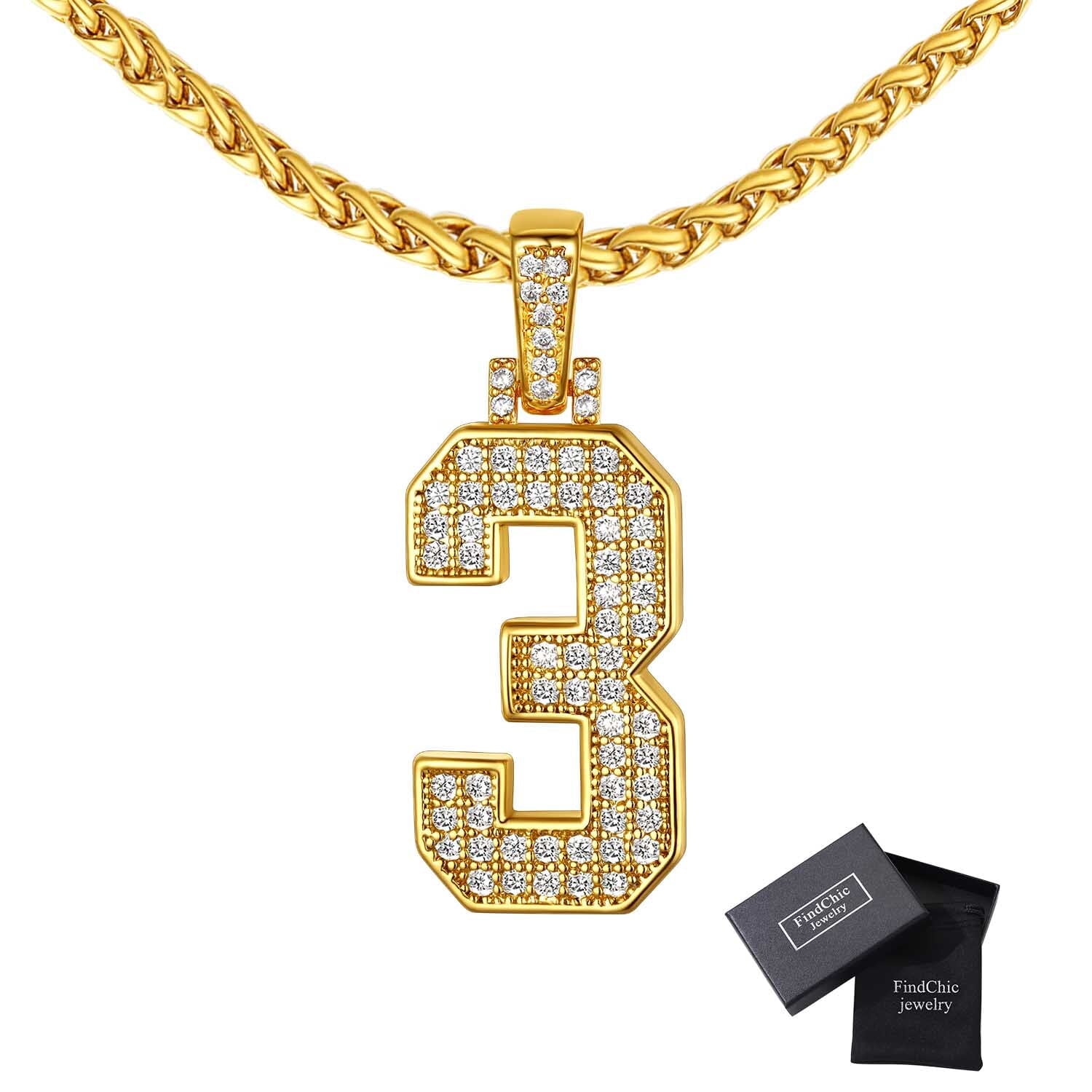 FindChic Bling 18K Gold Plated Number 3 Pendant Necklace on Wheat 22 ...