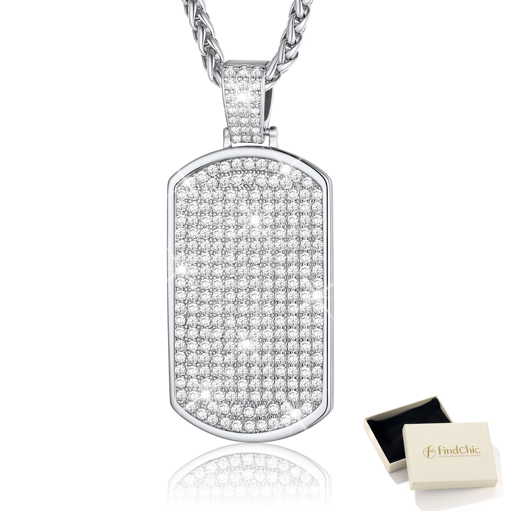 FindChic Silver Dog Tag Necklaces for Men Full Bling Cubic Zirconia ...