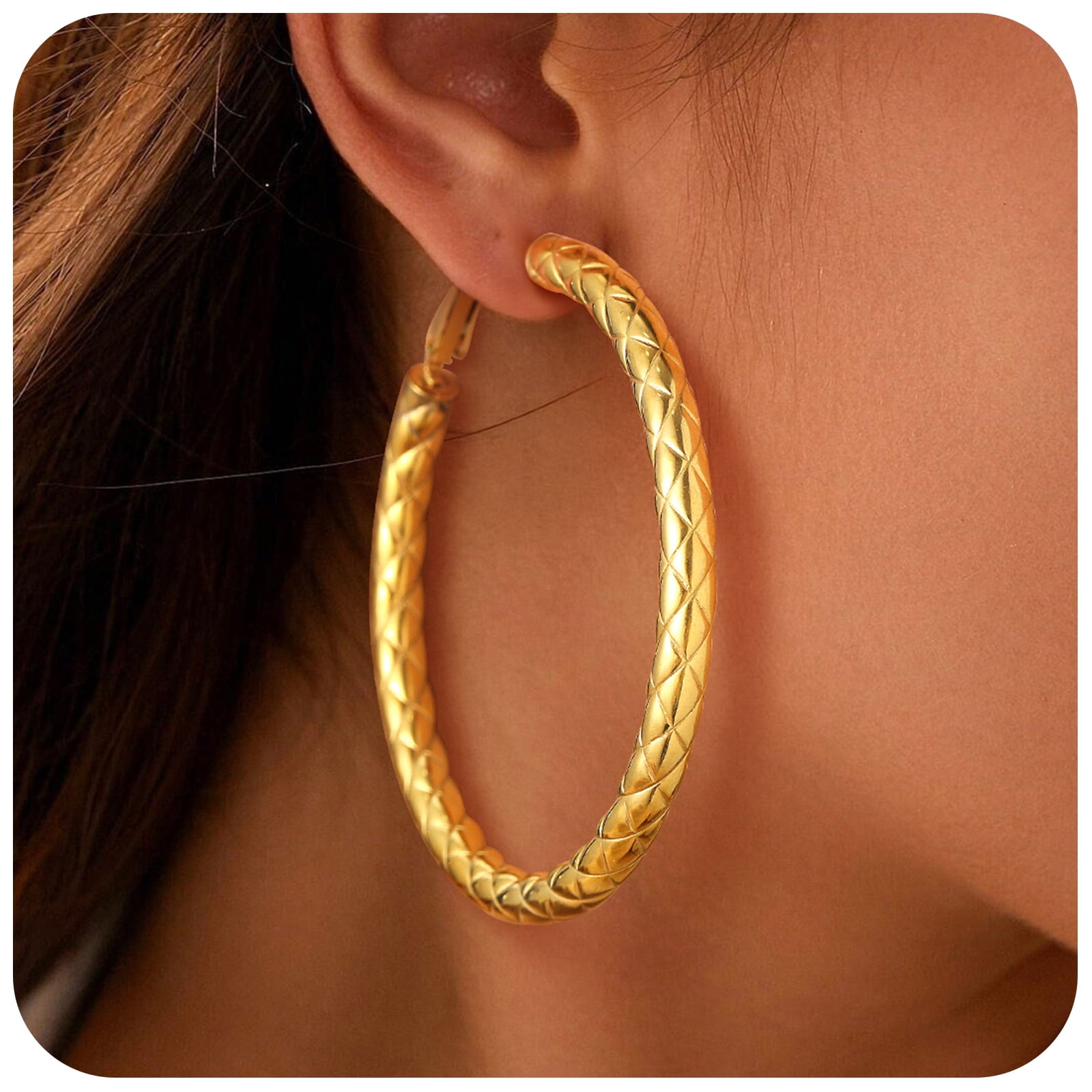 FindChic Hoop Earrings for Women Stainless Steel Rhombic Pattern Hoops ...