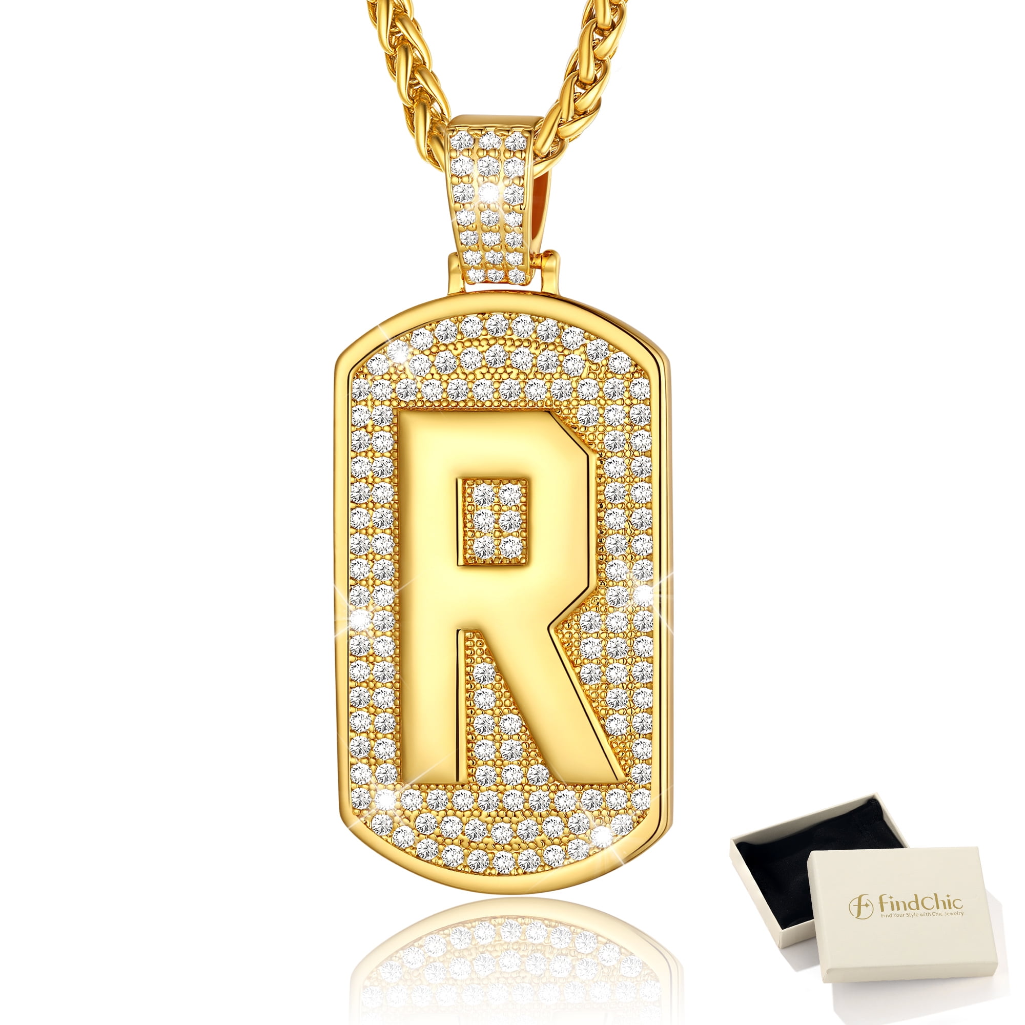 FindChic 14K Gold Plated Necklaces for Men Women Cubic Zirconia Dog Tag ...