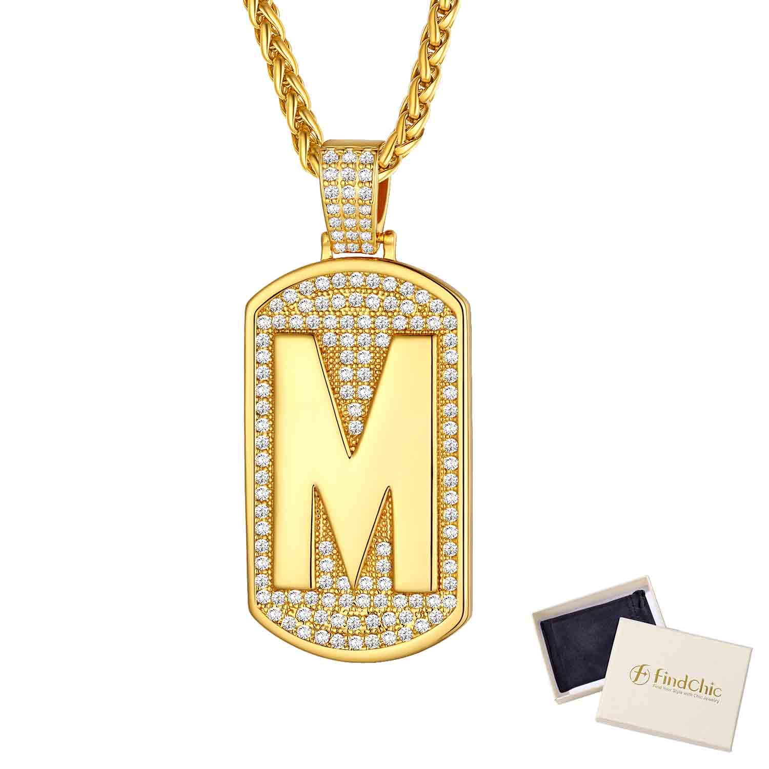 FindChic Dog Tag Necklaces for Men Cubic Zirconia Gold Plated Initial ...