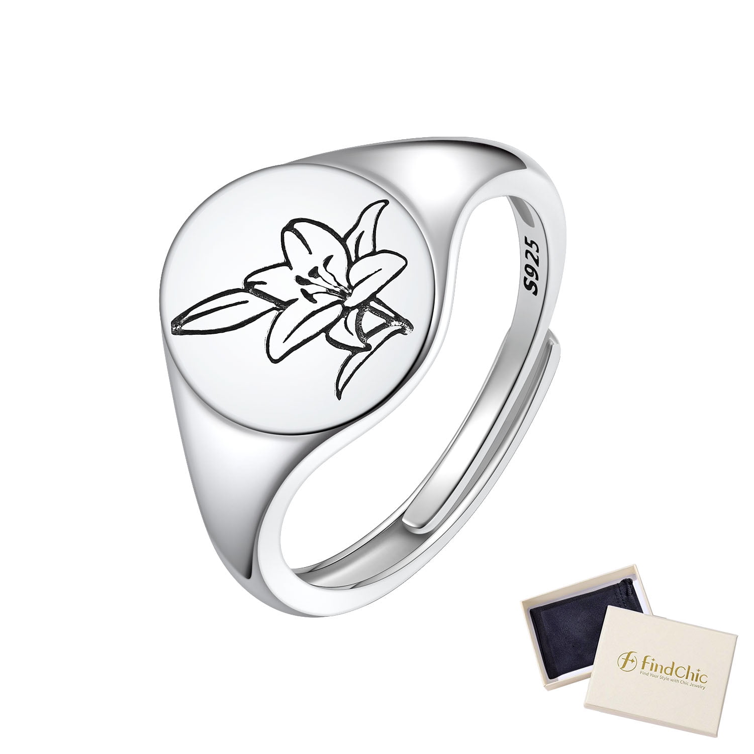 FindChic Sterling Silver Stamped Rings Womens Birth Flower Signet Ring ...