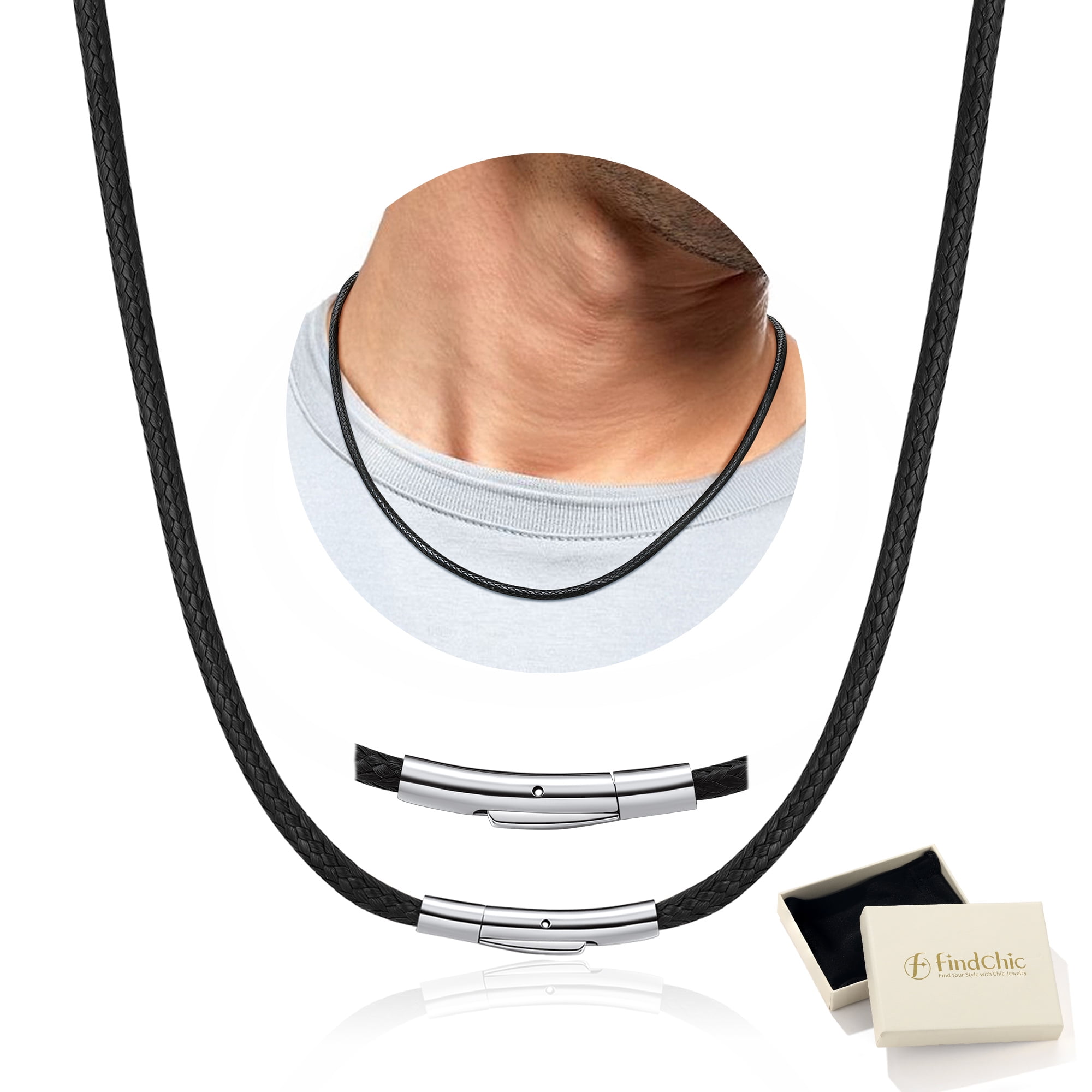 FindChic Black Waterproof Braid Leather Cord Necklace for Men, 2mm/3mm ...