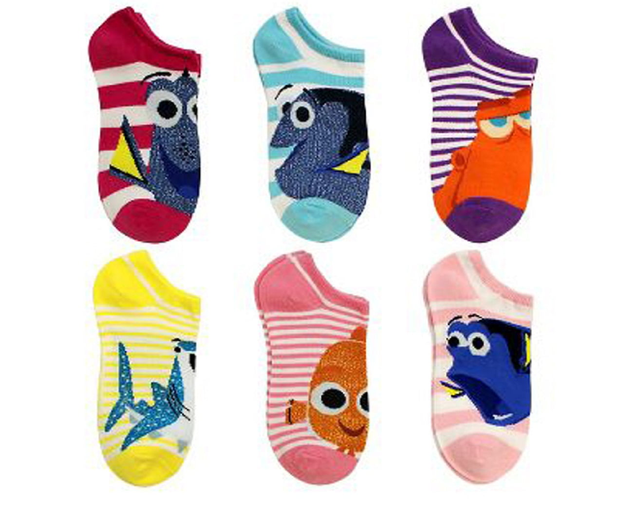 Finding Dory Big Girls' 6pk Assorted Striped No Show Socks Shoe Size 3 ...
