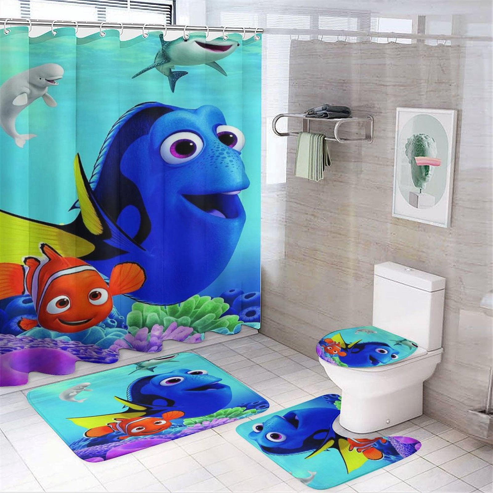 Finding Nemo 4 Piece Shower Curtain Set with Non-Slip Rugs, Toilet Lid ...