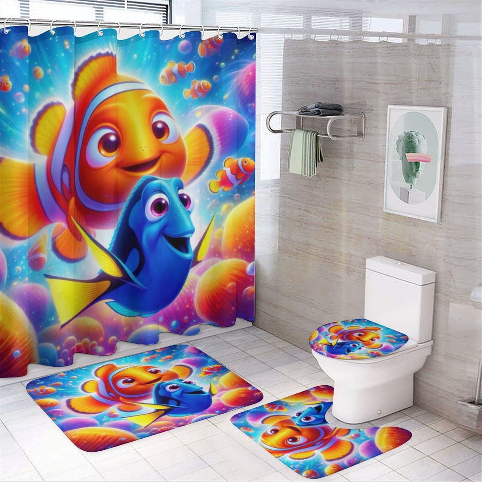 Finding Nemo 4 Piece Shower Curtain Set with Non-Slip Rugs, Toilet Lid ...