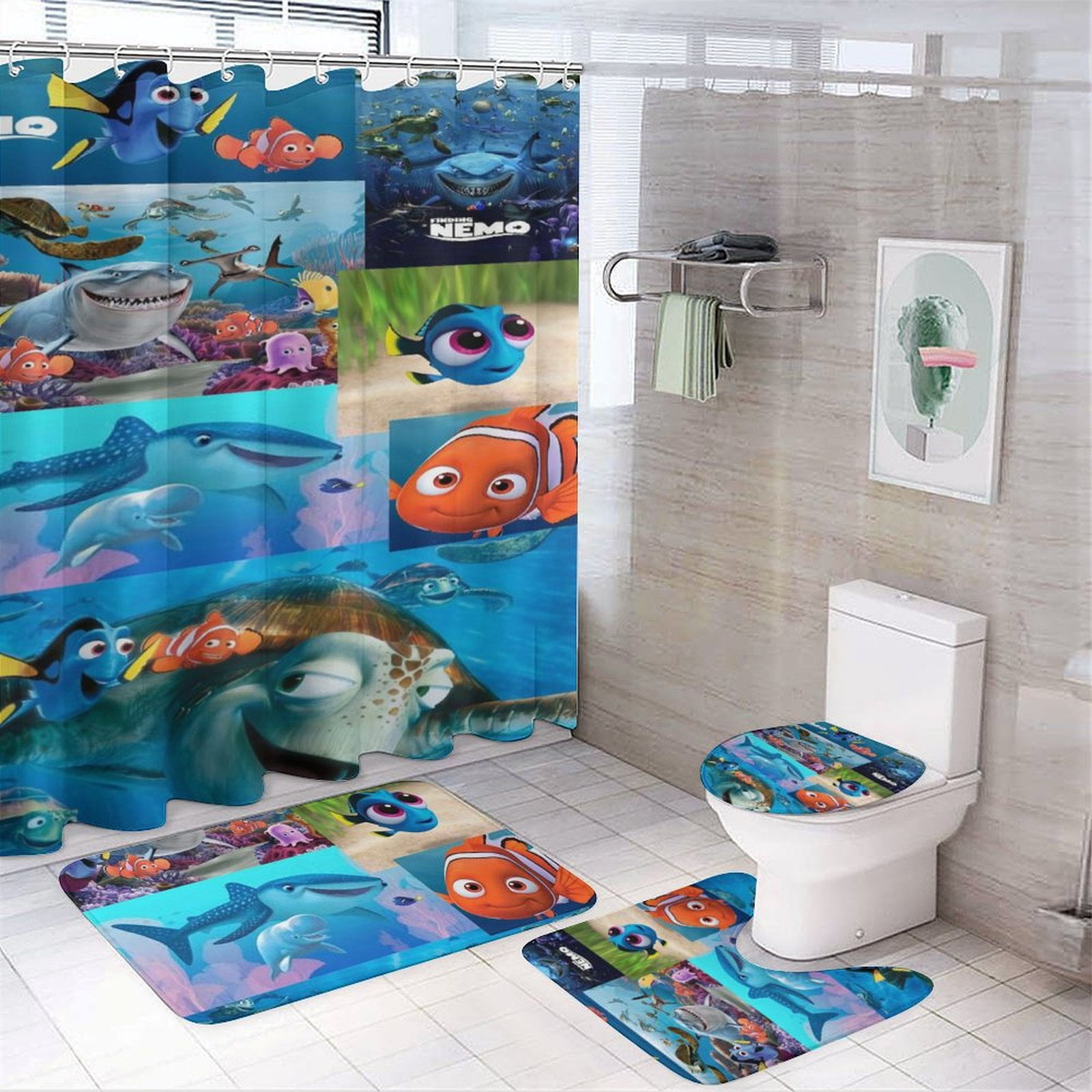 Finding Nemo 4 Piece Shower Curtain Set with Non-Slip Rugs, Toilet Lid ...