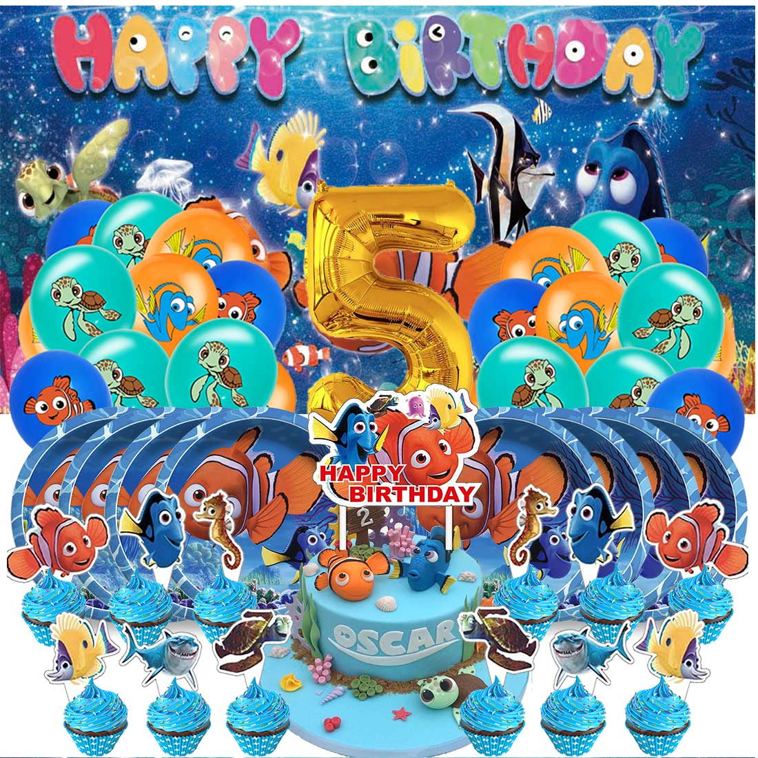 Finding Nemo Balloons Party Supplies 5th Decor Tableware Birthday Cake Topper Decorations Banner ...
