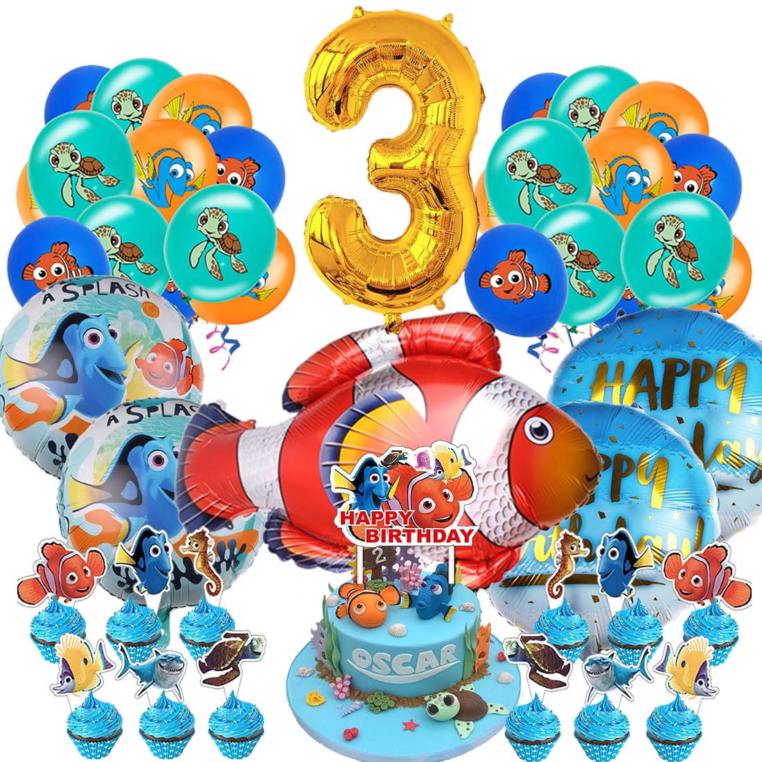 Finding Nemo Party Supplies 3rd Decor Kit Balloons Birthday Cake Topper Decorations - Walmart.com