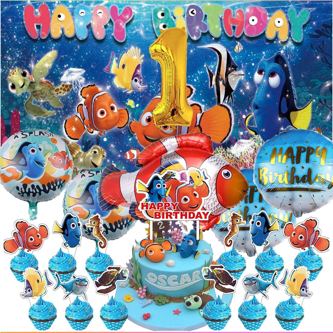Finding Nemo Party Supplies Decor 1st Kit Balloons Birthday Cake Topper ...