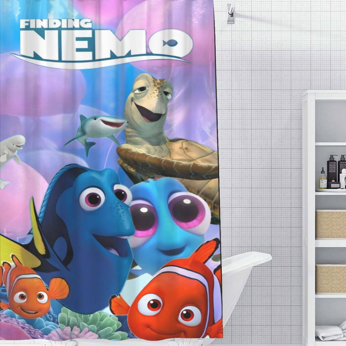 Finding Nemo shower curtain displays an eye-catching design, is ...