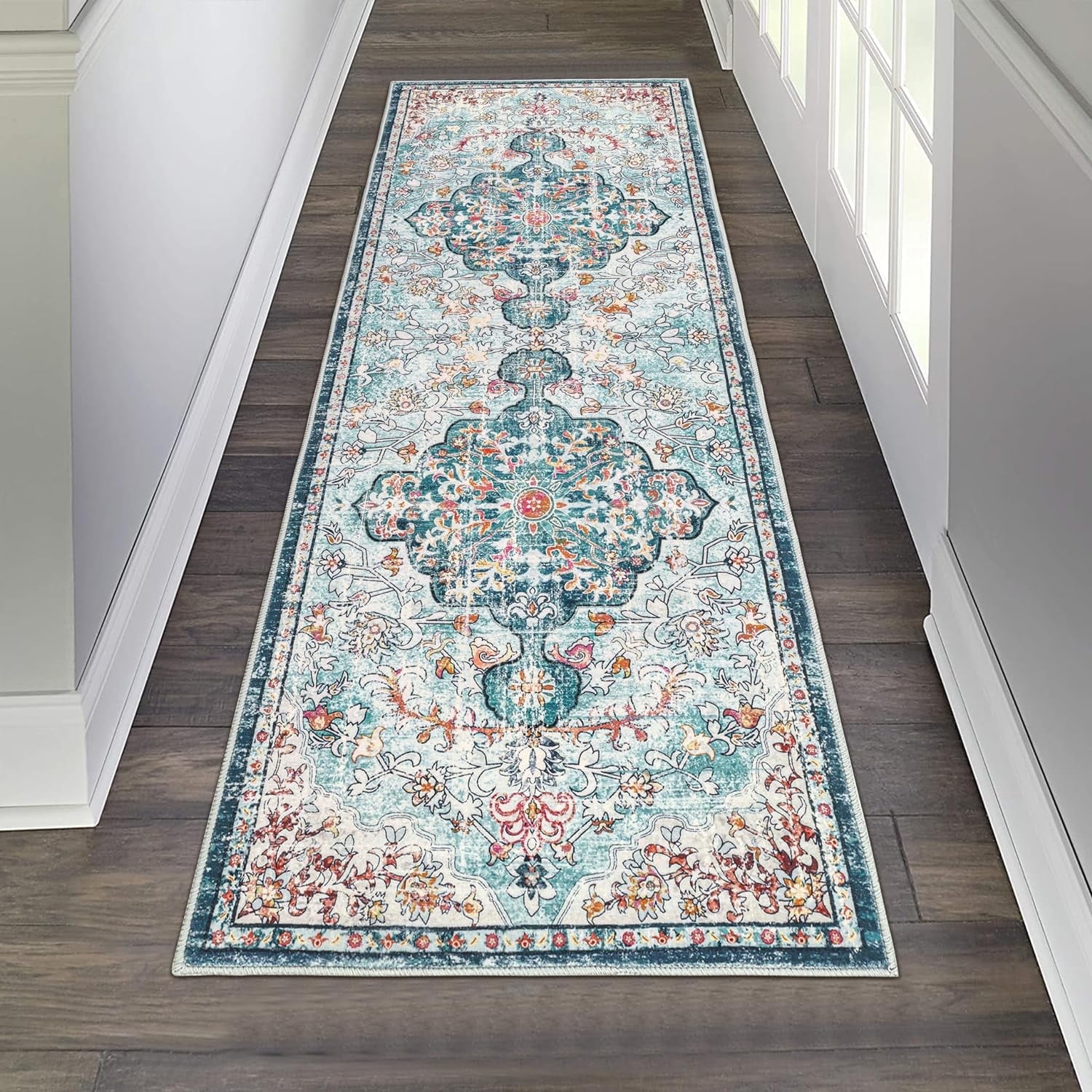 Findosom 2'x6' Vintage Runner Rug, Distressed Floral Medallion Area Rug ...