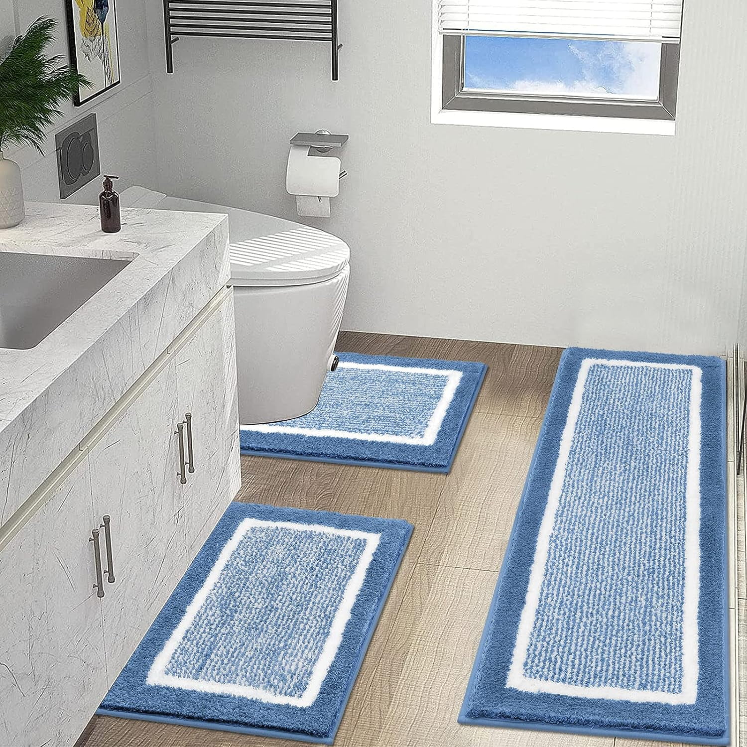 Findosom 3pcs Bathroom Rugs Set with U-Shaped Mat, Non Slip, Quick ...