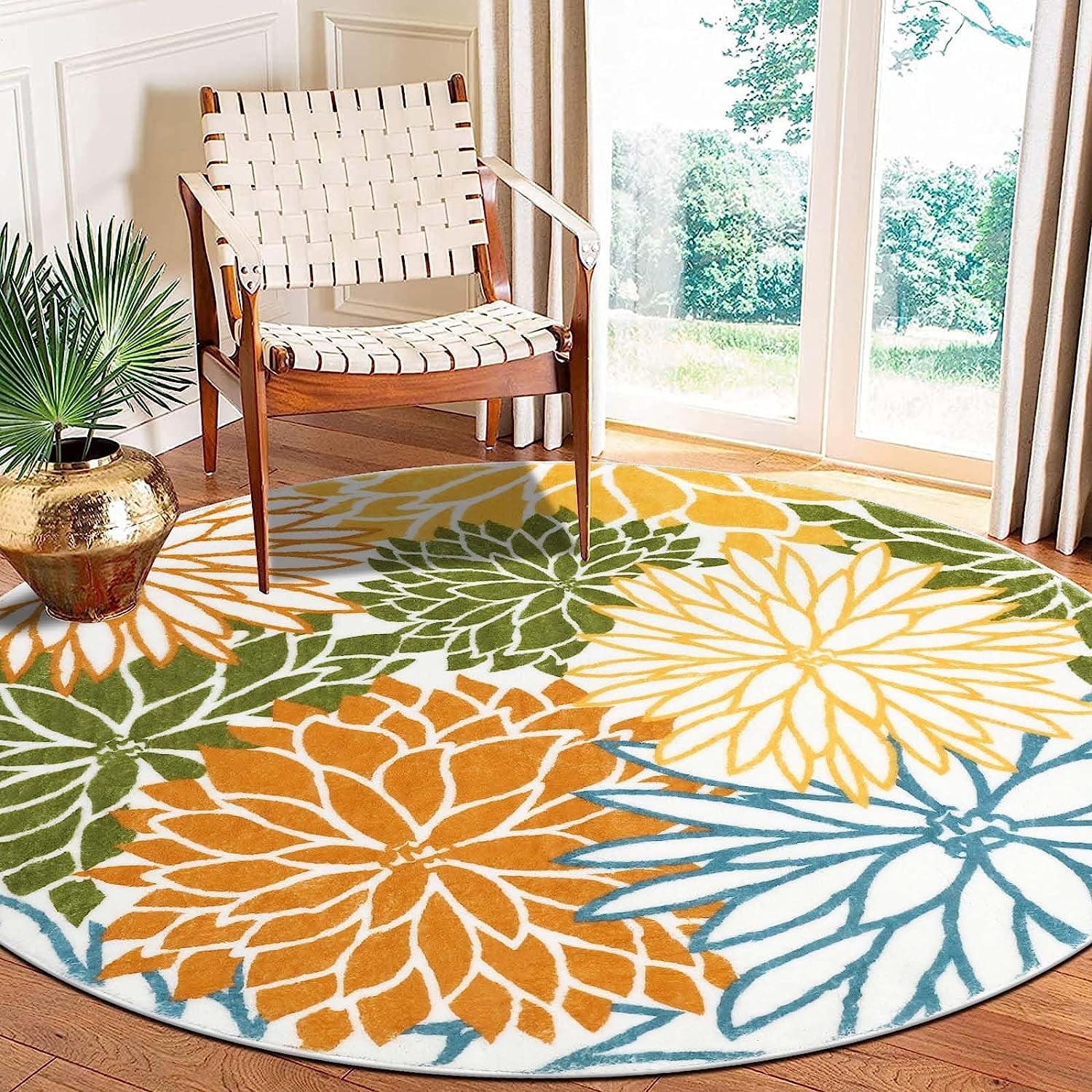 Findosom 4' Modern Floral Round Rug Bohemian Area Rug Non Slip Boho ...