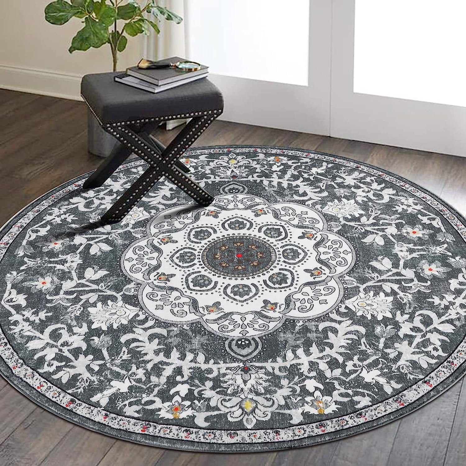 Findosom 4' Modern Floral Round Rug Bohemian Area Rug Non Slip Boho ...