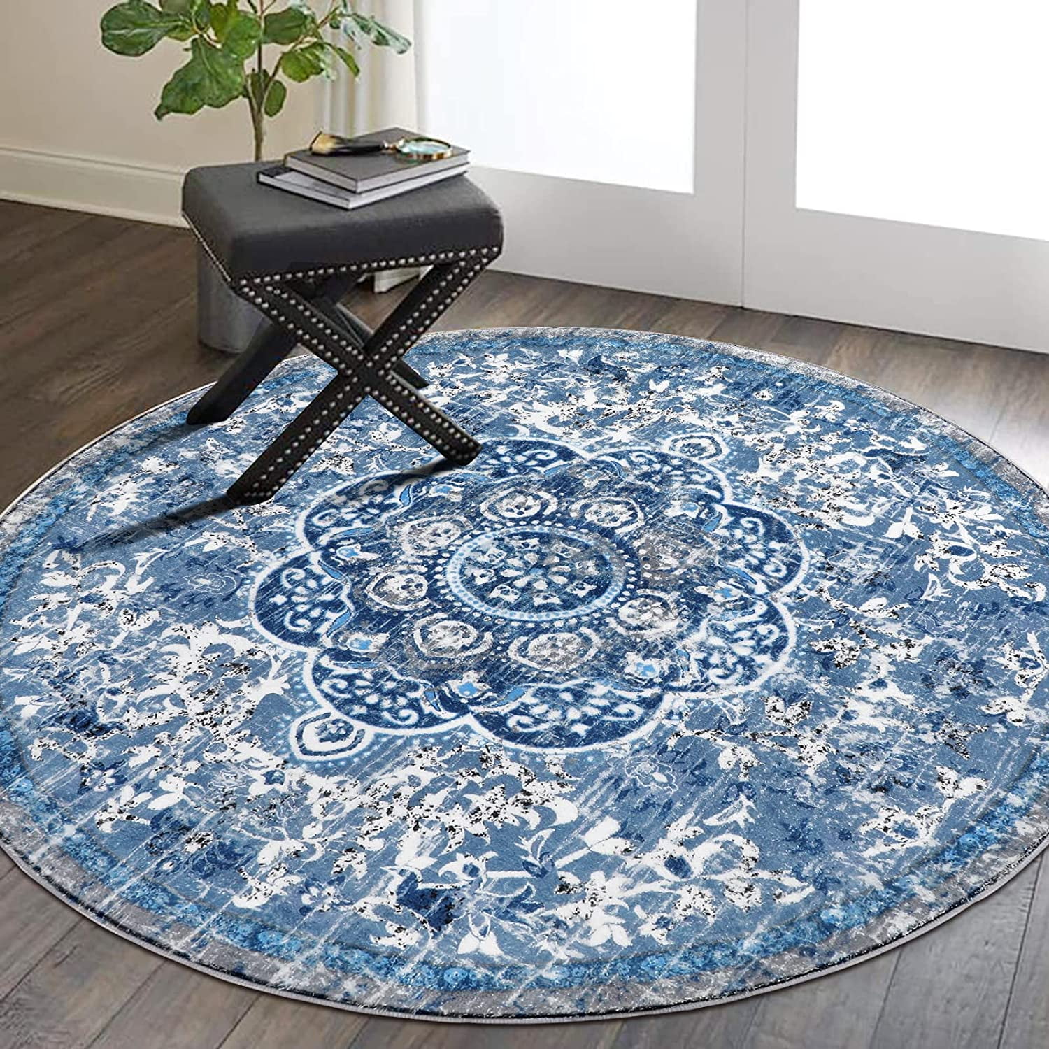 Findosom 4' Modern Floral Round Rug Bohemian Area Rug Non Slip Boho ...