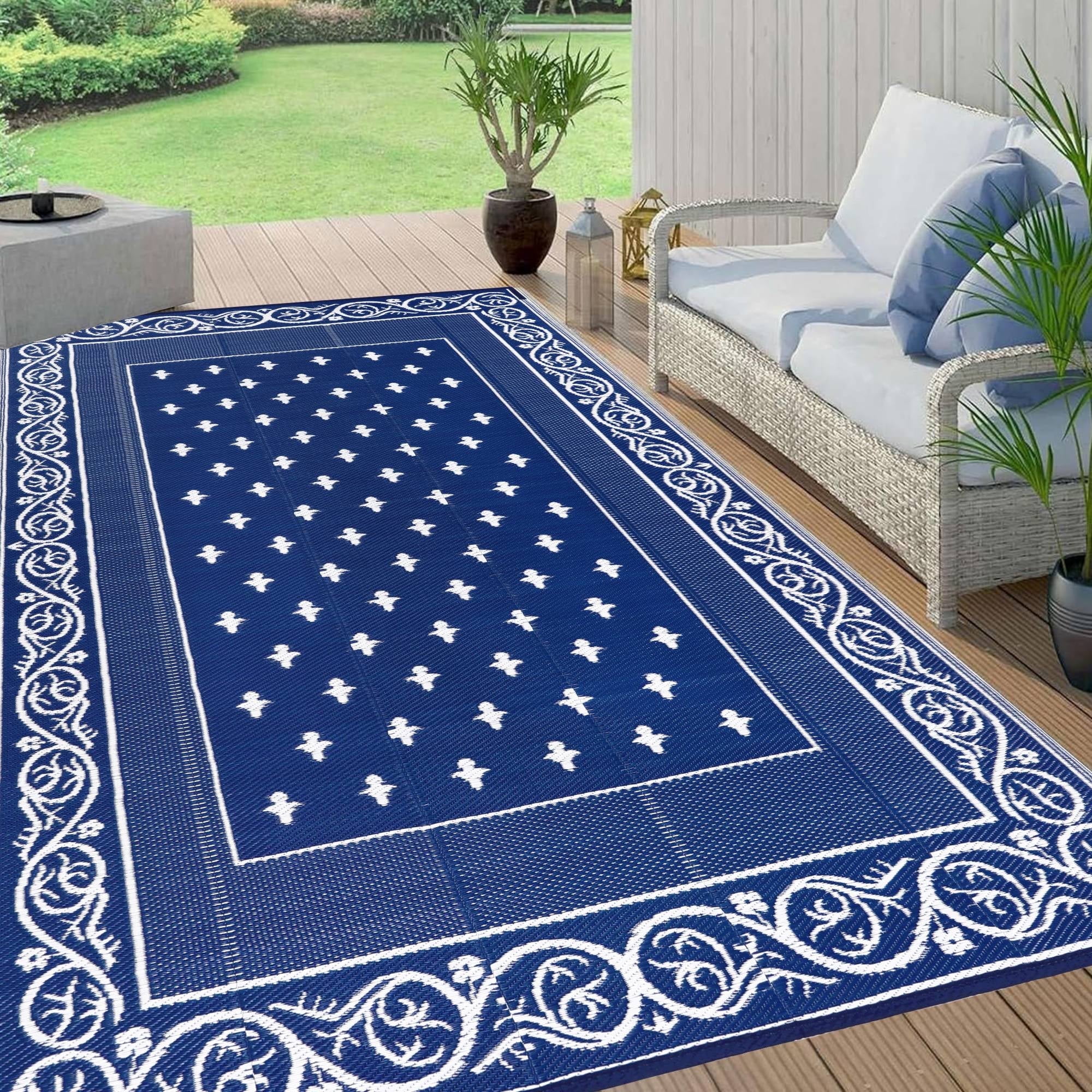 Findosom 6'x9' Blue Outdoor Rug, Reversible Plastic Straw, Waterproof ...
