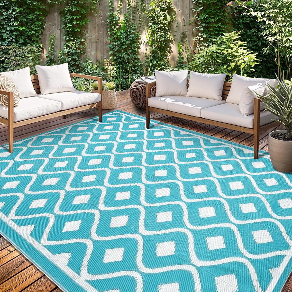 Findosom 8'x10' Teal Outdoor Rug, Waterproof Reversible Plastic Straw ...