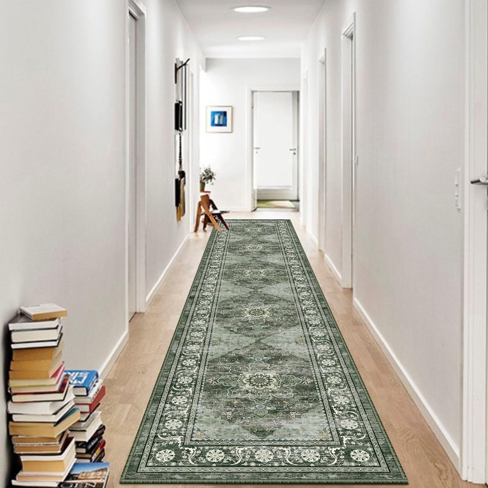 Findosom 2'x10' Green Boho TPR Runner Rug, Machine Washable, Floral ...