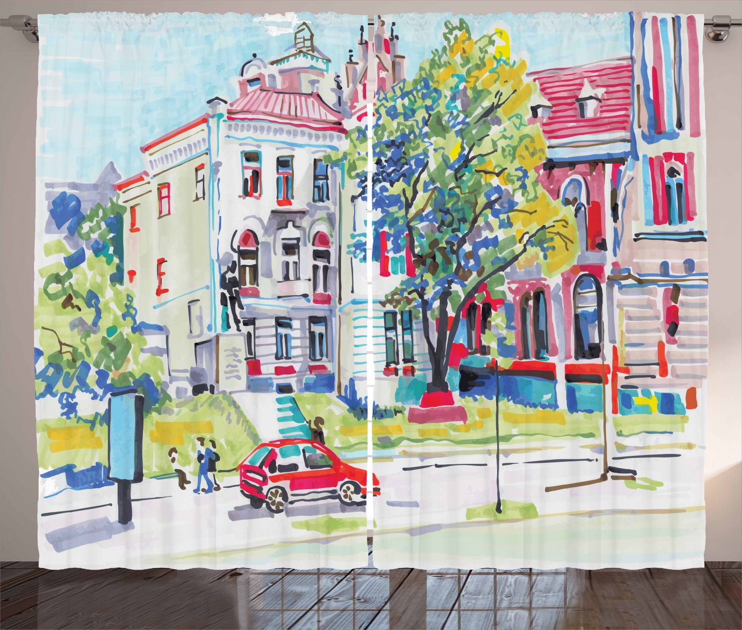Ambesonne Fine Art Curtains 2 Panel Set, Old European Town Scenery, 108 ...