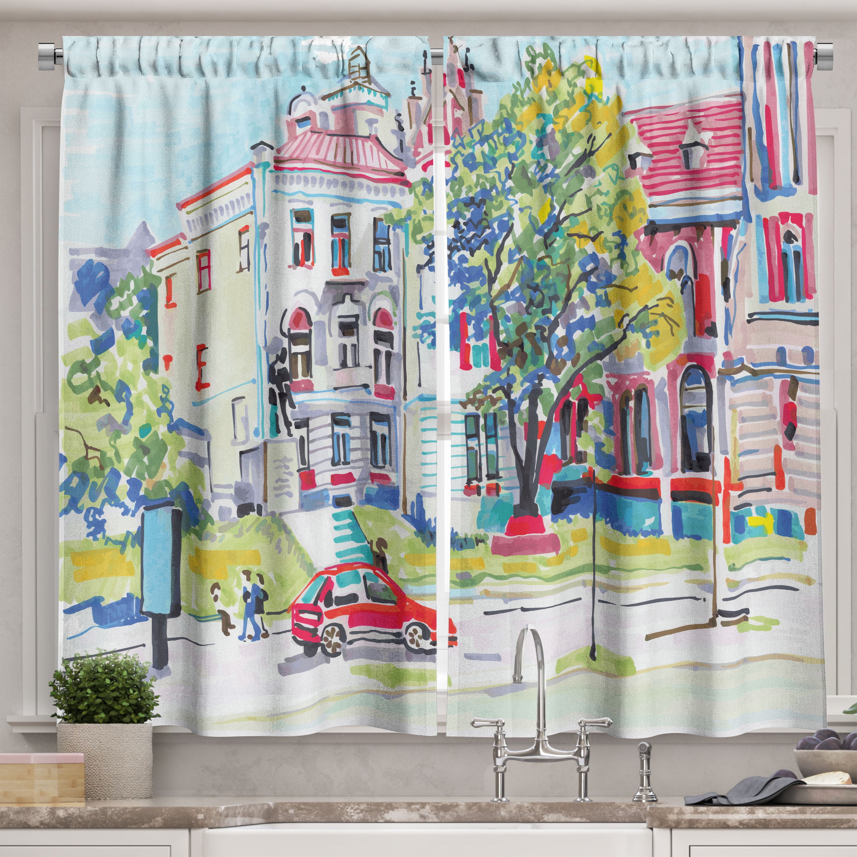 Fine Art Curtains 2 Panels Set, Old Fashioned European Town Scenery ...