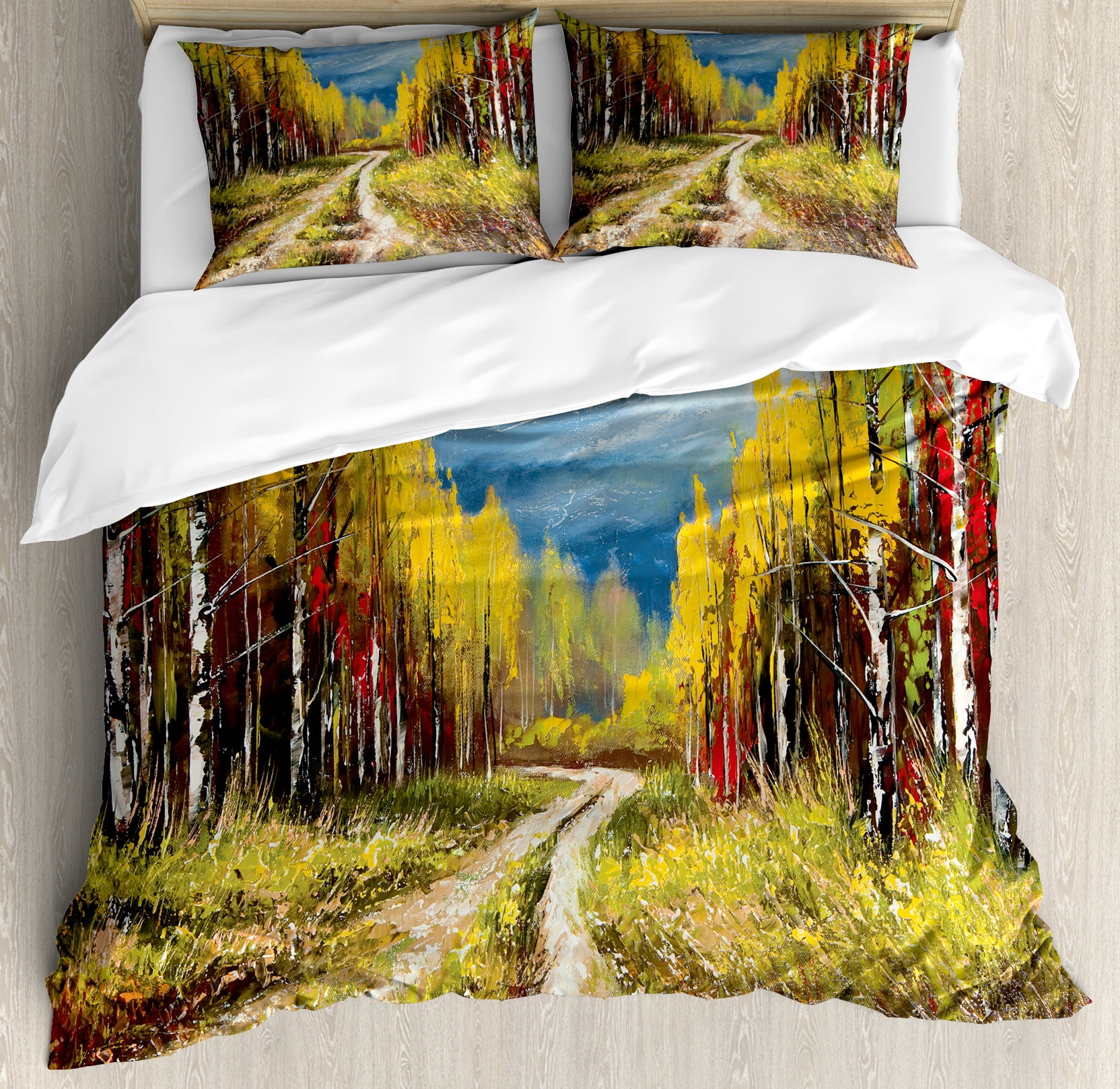 Fine Art Duvet Cover Set, Oil Painting of Nature Landscape with Forest Trees Sky and Pathway ...