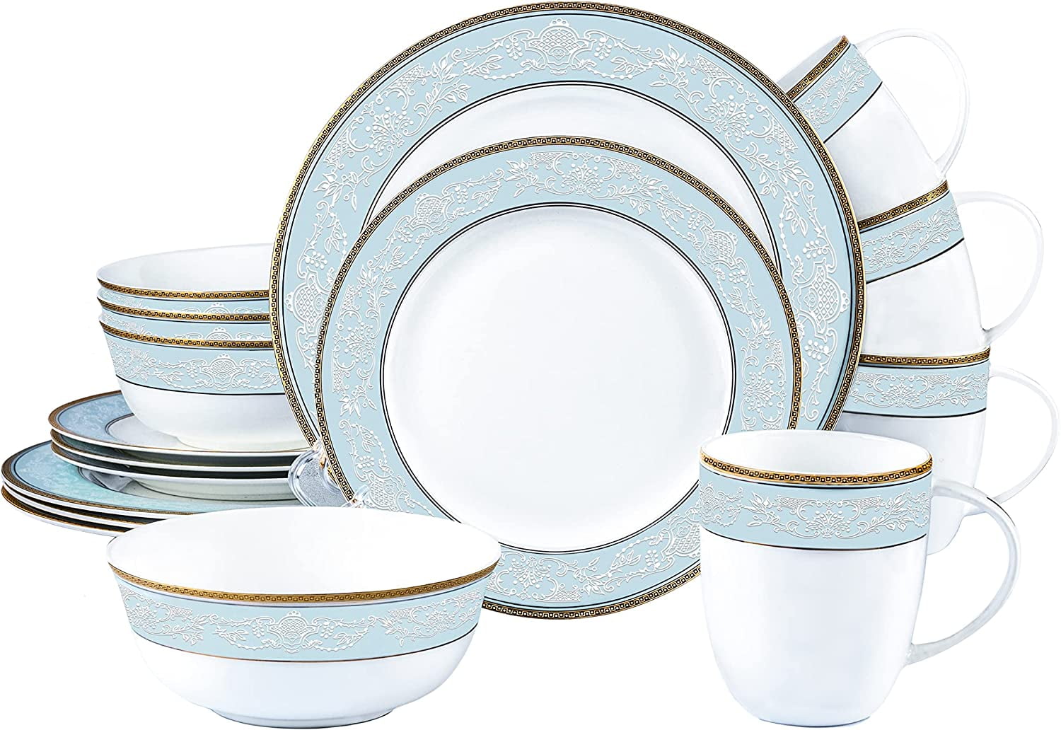 Fine Bone China Dinnerware Set,16 Pcs Classic Relief Pattern Gilt Edged ...