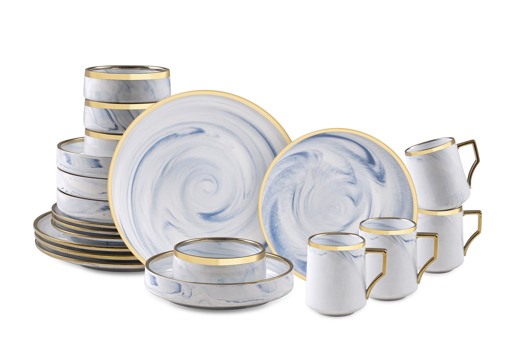 Fine China Artisan Marbled 20pc Dinner Set, Blue with Gold Line ...