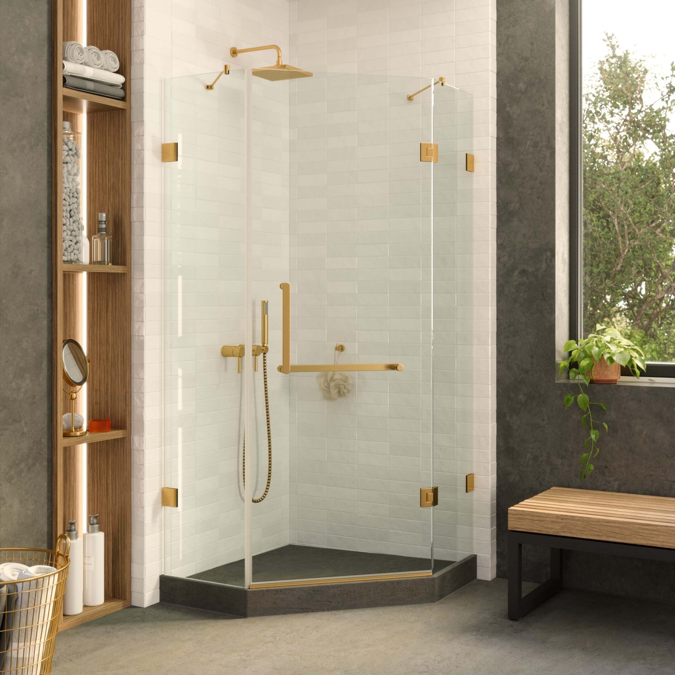 Fine Fixtures Frameless Shower Enclosure, Neo Angle, Tempered Glass, 42 ...