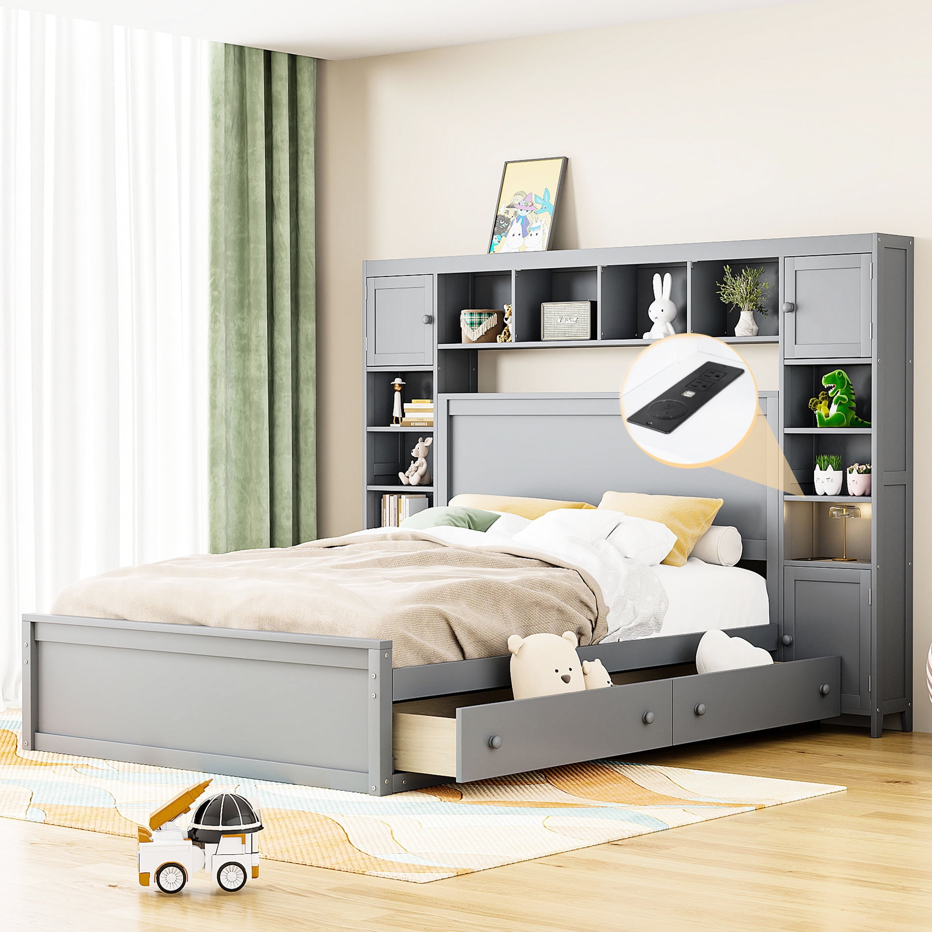 Fine Gray Queen Bed With All-inclusive Cabinet, Shelf And Socket ...