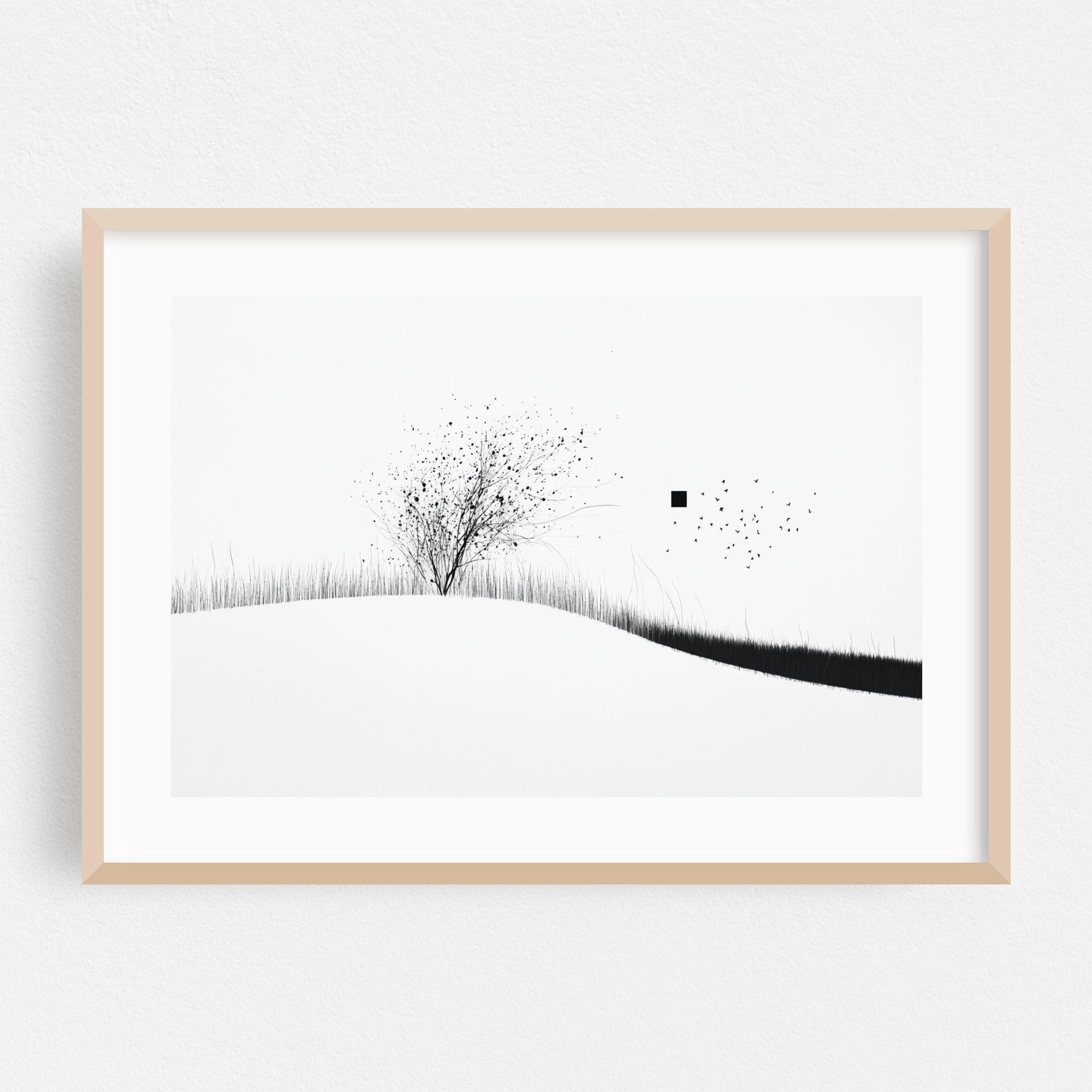 Fine Line Mountain & Tree Art - Line Drawing Oak Framed Wall Art Print ...