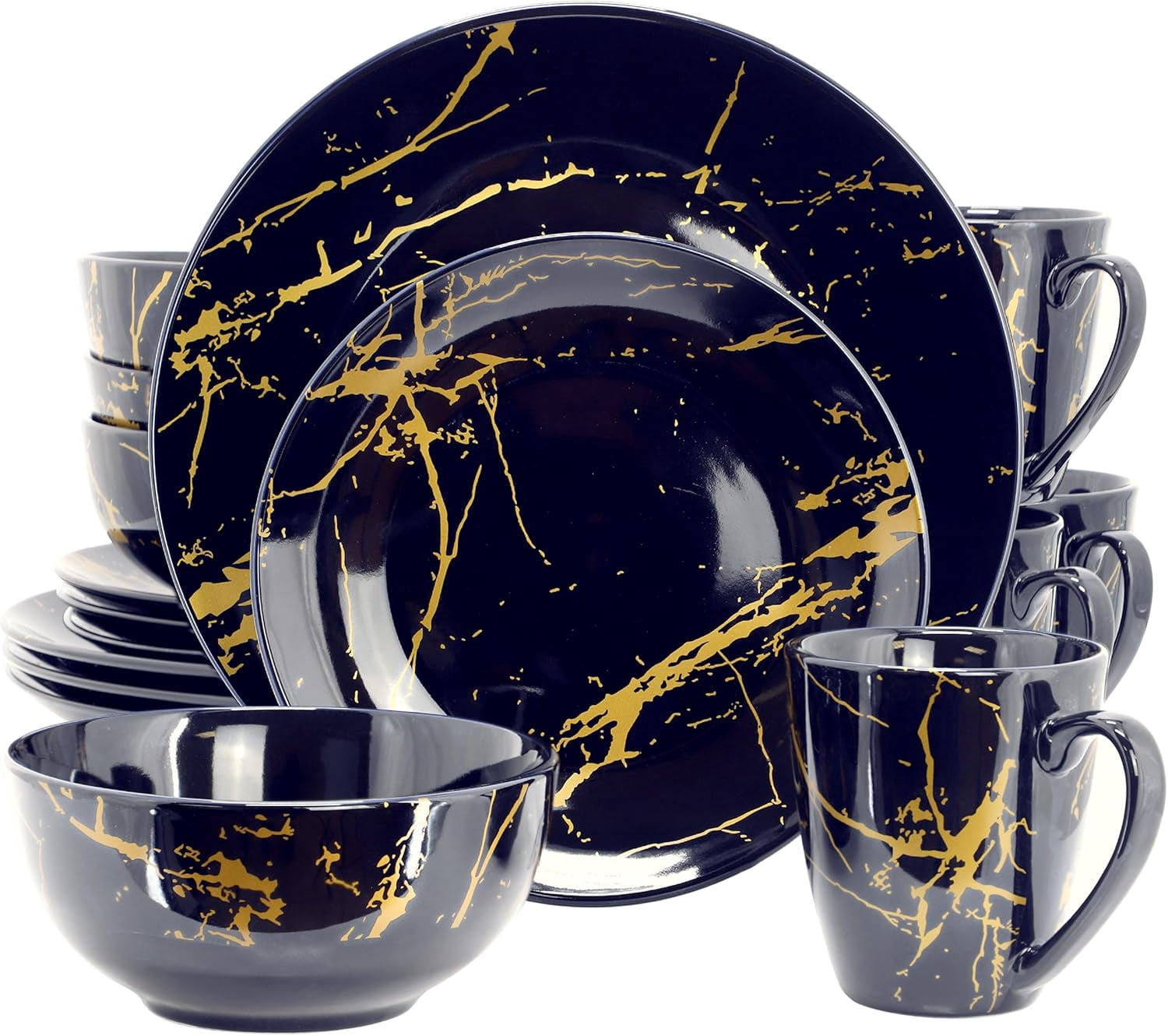 Fine Marble 16 Piece Glossy Round Porcelain Dinnerware Set, Dark Blue ...