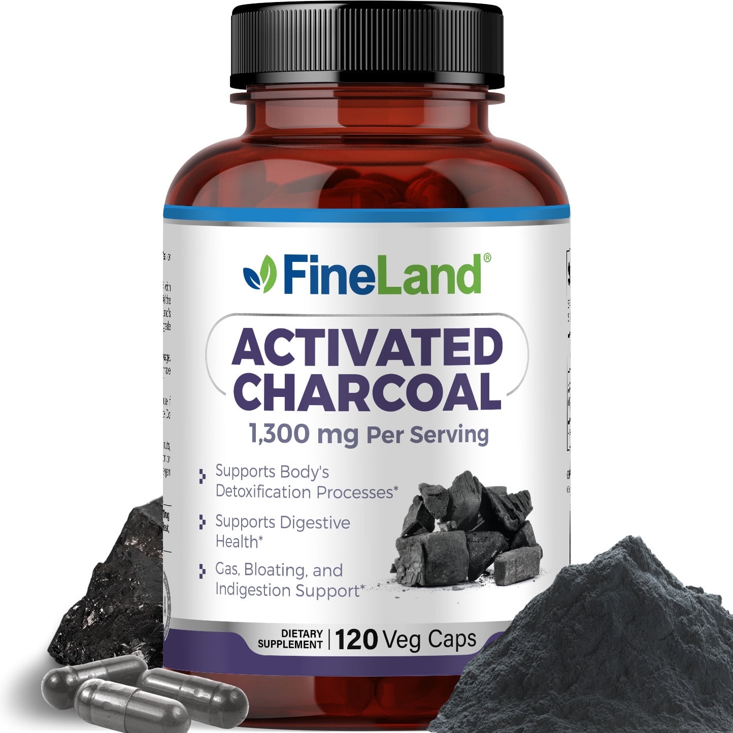 Fineland Activated Charcoal Detox Cleanse Support, 1,300 mg, 120 Vegan ...
