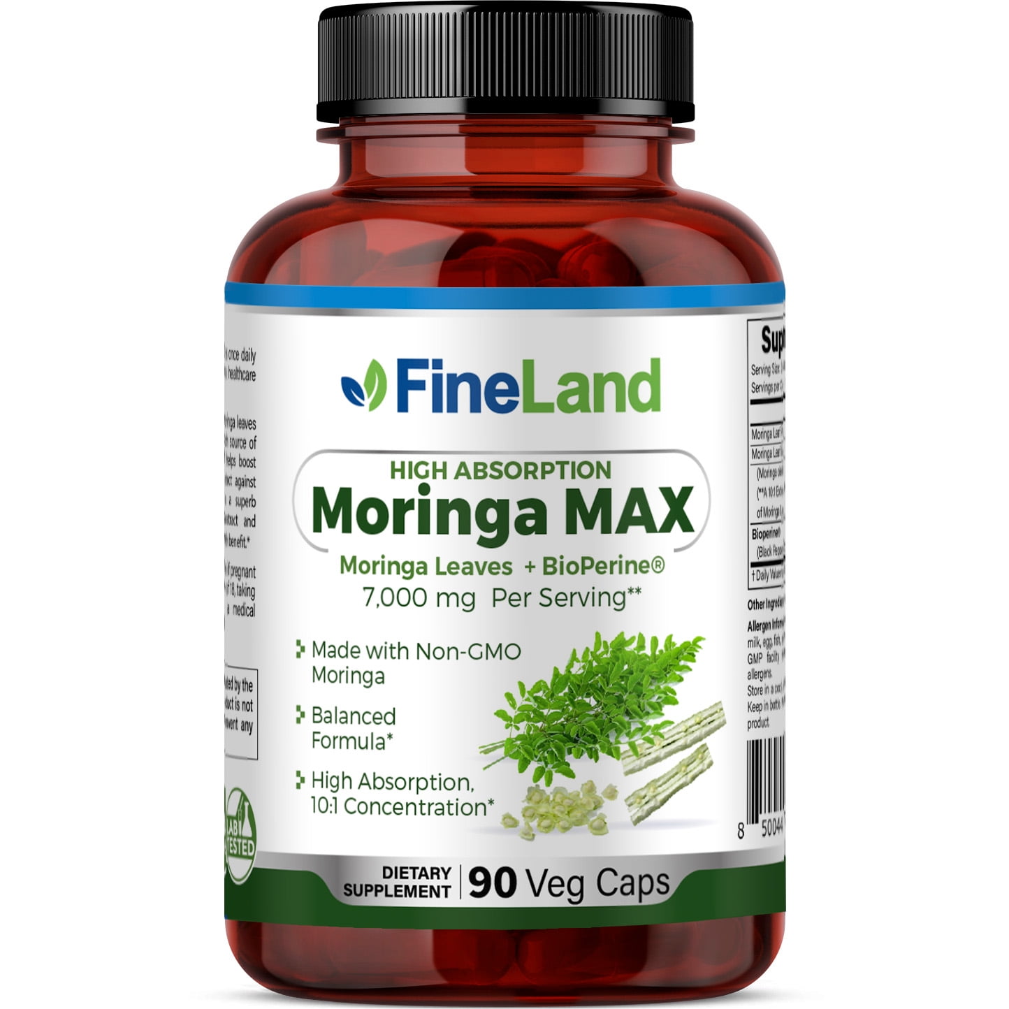 FineLand Moringa Max Moringa Leaf Powder & Extract, w/ BioPerine ®, 90 ...