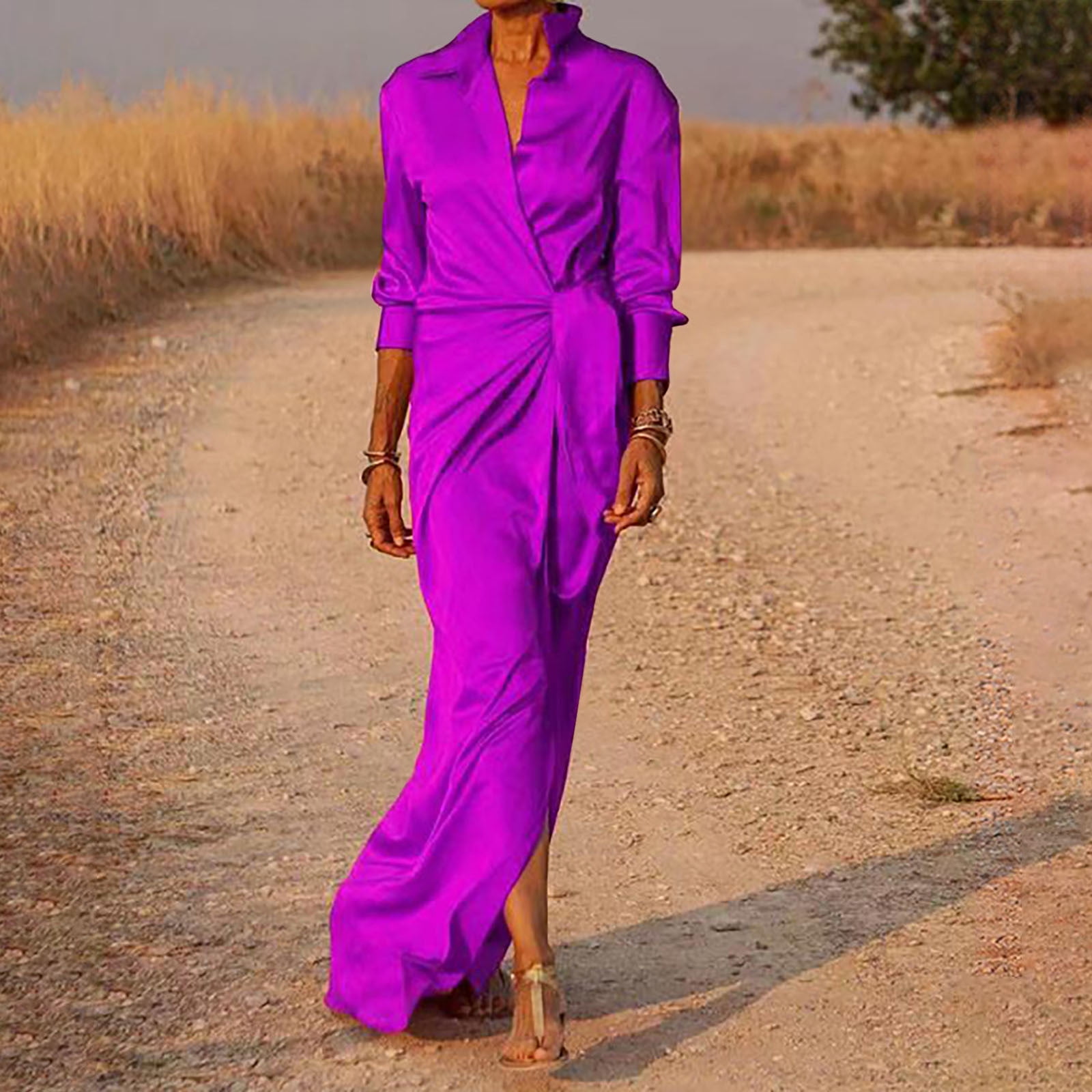 Finelylove Maxi Dresses Womens Sexy Summer Dresses A Line V Neck Long Sleeve Long Purple S