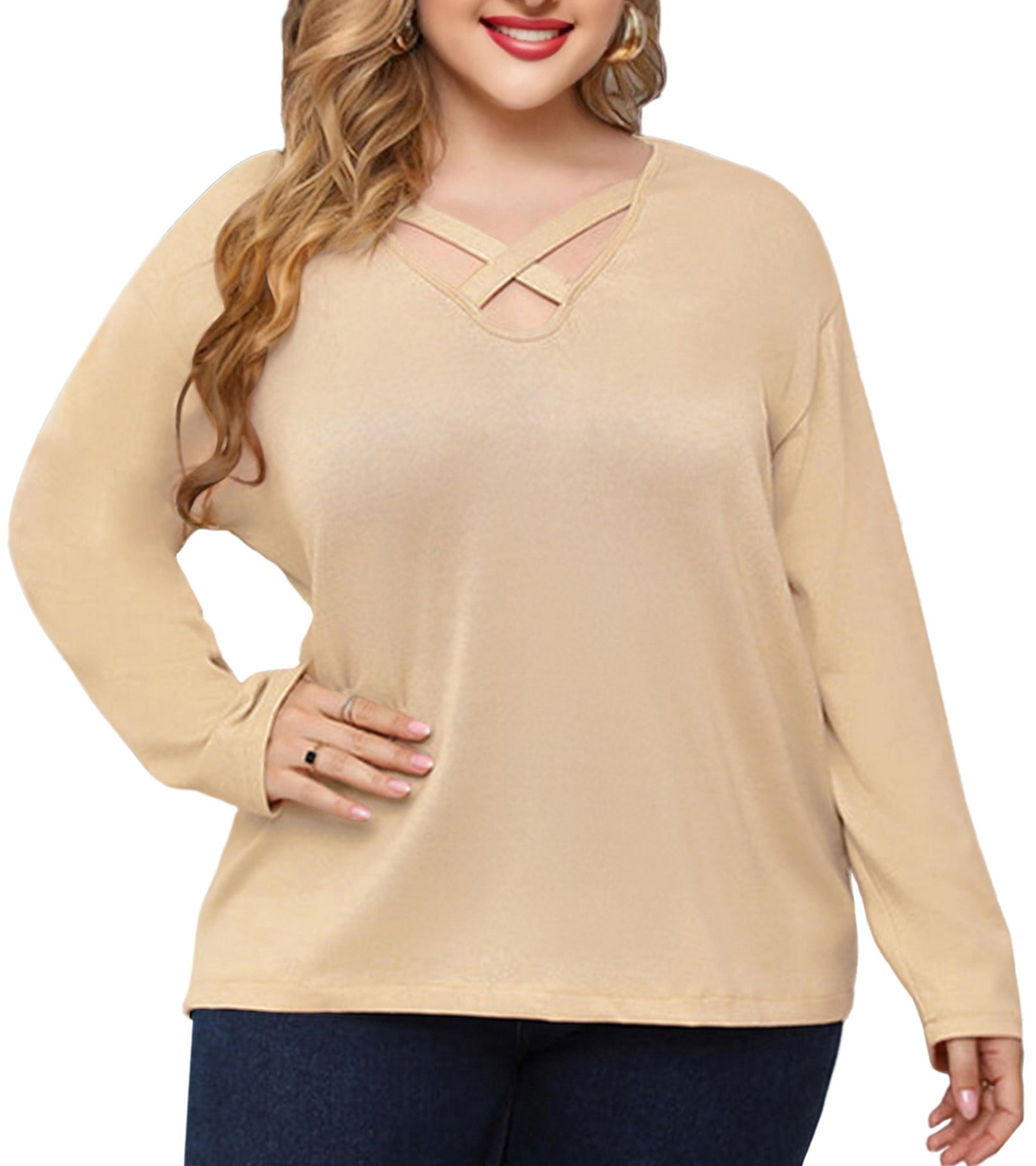 Finepeek Plus Size Tops Shirts for Women Long Sleeve V Neck Criss Cross ...