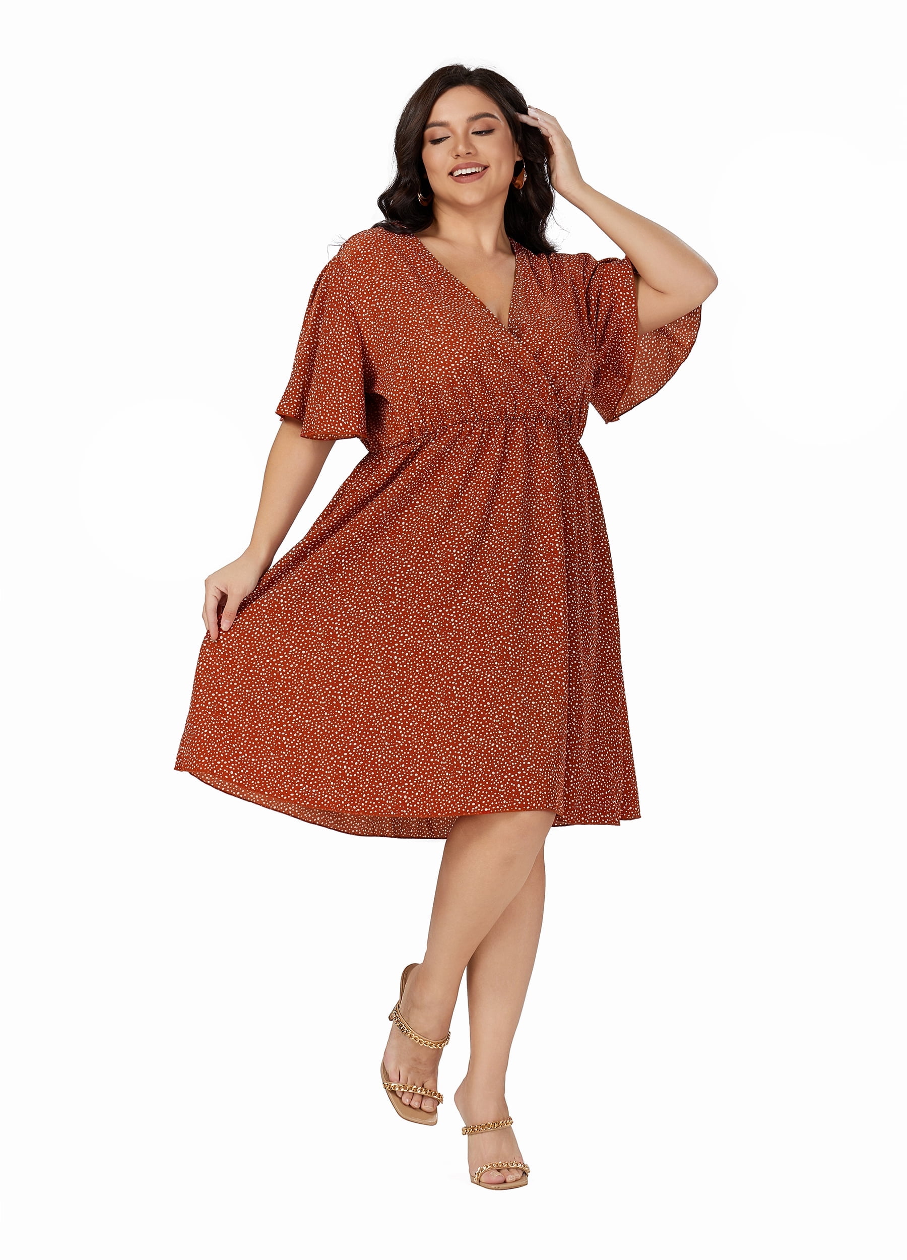 Finepeek Womens Summer Plus Size Floral Dress V Neck Ruffle Midi Dress ...