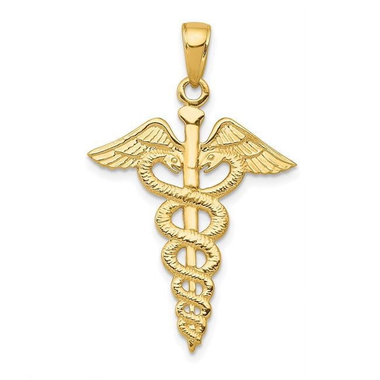 Finest Gold Real 14K Yellow Gold Caduceus Pendant, Textured Polished ...