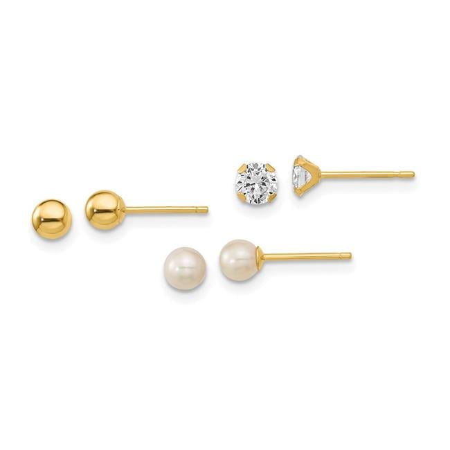 Madi K 14k Ball, CZ & Freshwater Cultured Pearl 3 Pair Earring Set ...