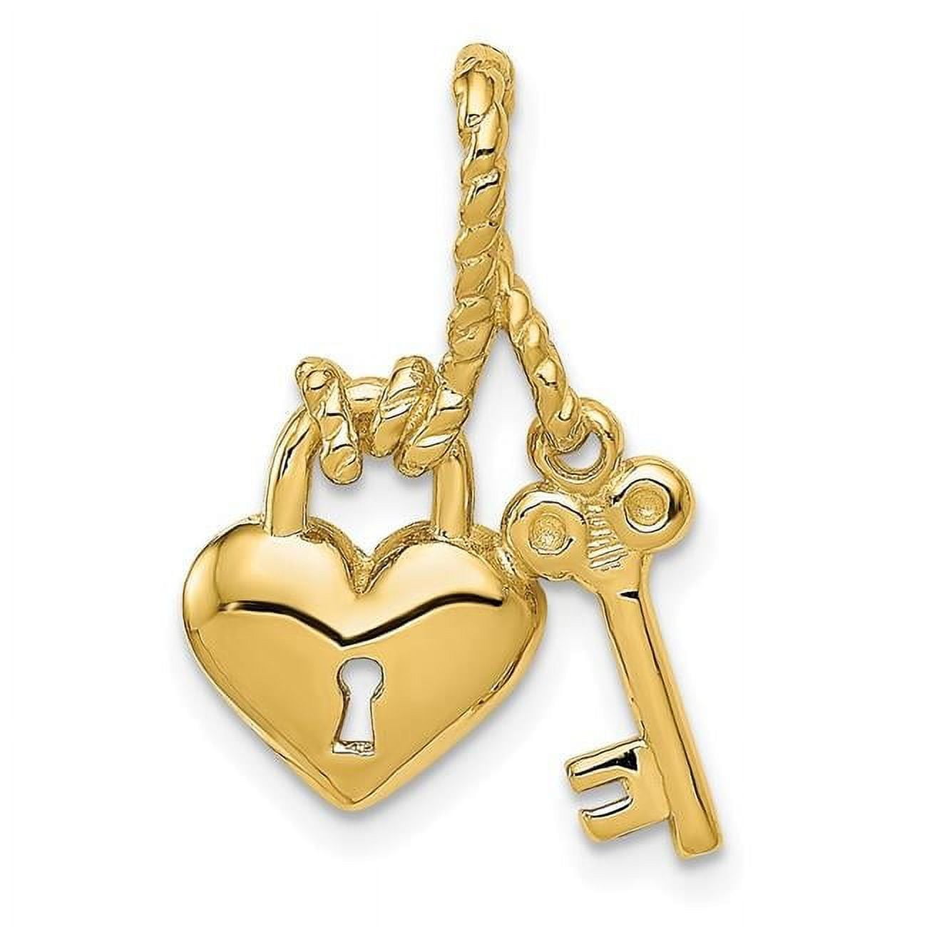 14K Yellow Gold Heart Lock Design with Key Rope Tied to Lock Charm ...