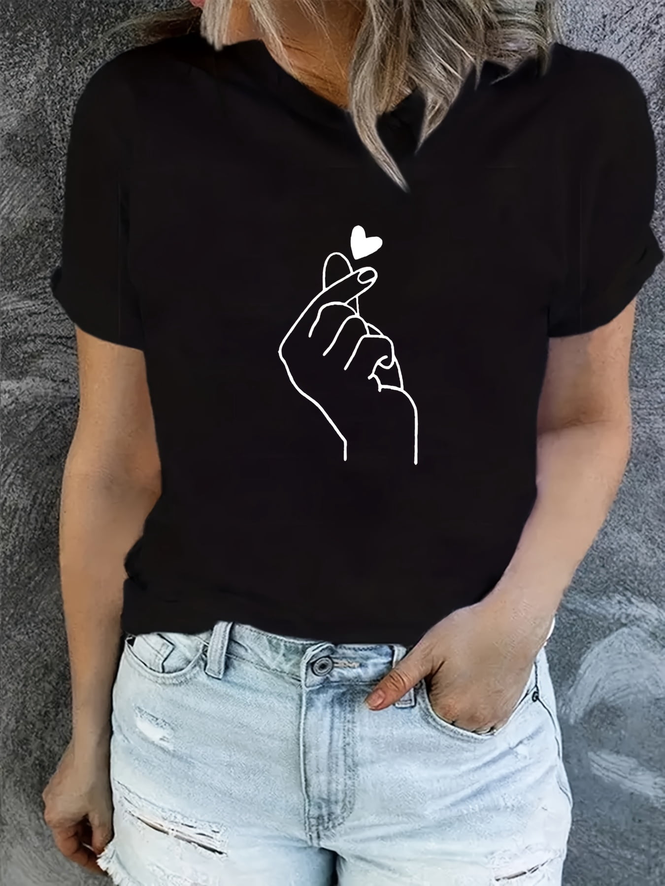 Finger Heart Print T-Shirt, Short Sleeve Crew Neck Casual Top For ...