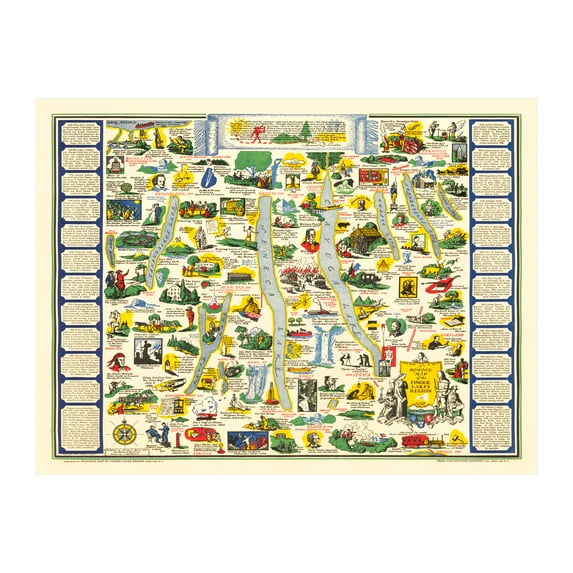 Finger Lakes Art, 1934 Vintage Map of Finger Lakes History Wall Decor ...