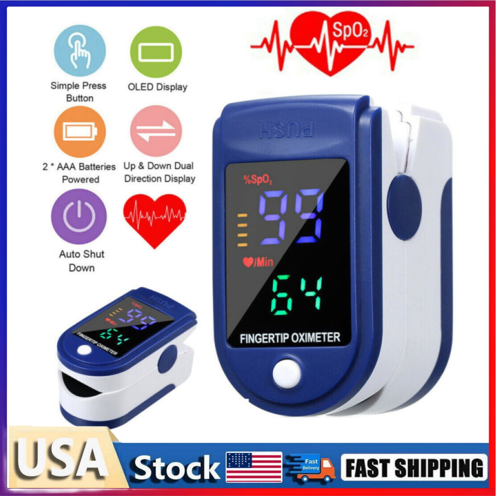Finger Tip Pulse Oximeter Meter SpO2 Oxygen Saturation Rate-Heart Blood ...