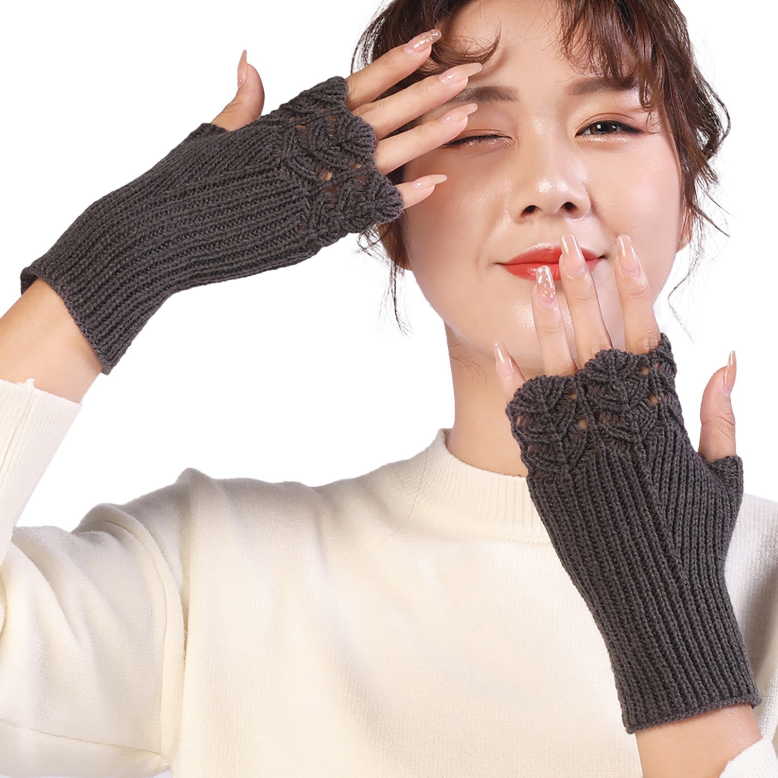 Fingerless Gloves For Women Winter Knit Mittens Stretchy Unisex Half ...