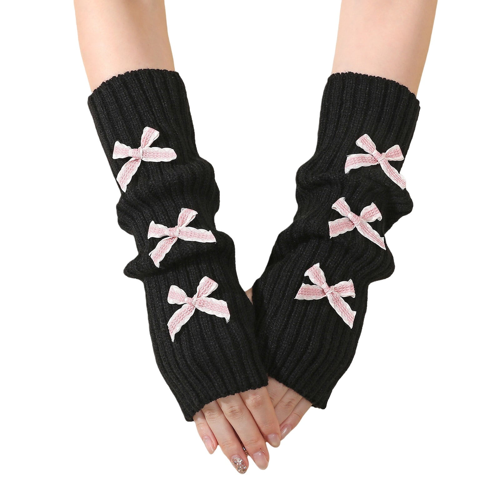 Fingerless Gloves for Women Bow Decorative Soft Knit Wrist Fingerless ...