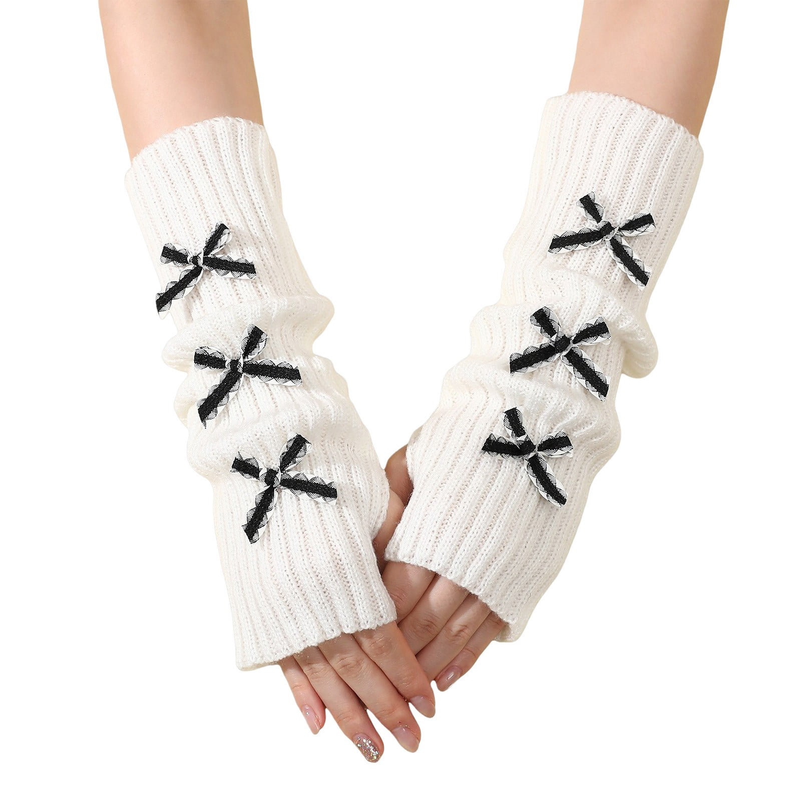 Fingerless Gloves for Women Cozy With Bow Knit Cold Weather Warm Cotton ...