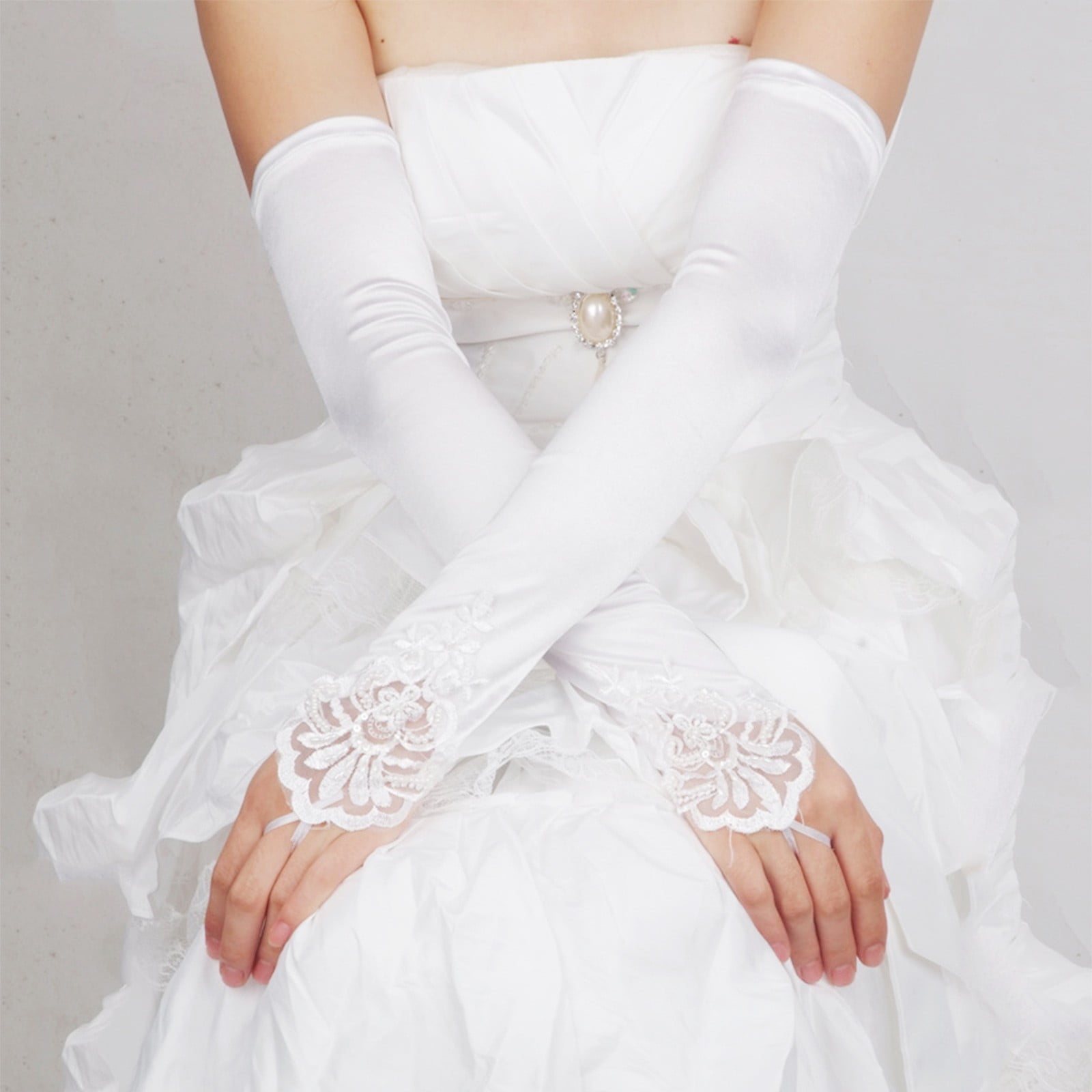 Fingerless Long Red Gloves Pierced Elbow Length Satin Gloves Stretchy ...