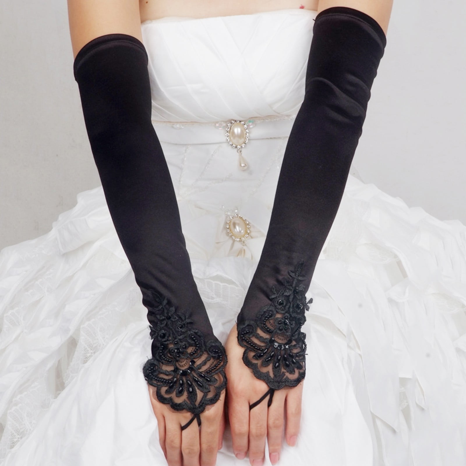 Fingerless Long Red Gloves Pierced Elbow Length Satin Gloves Stretchy ...