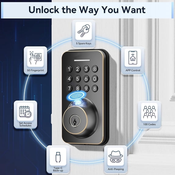Fingerprint Keypad Deadbolt with Handle Set, Keyless Entry Door Lock ...